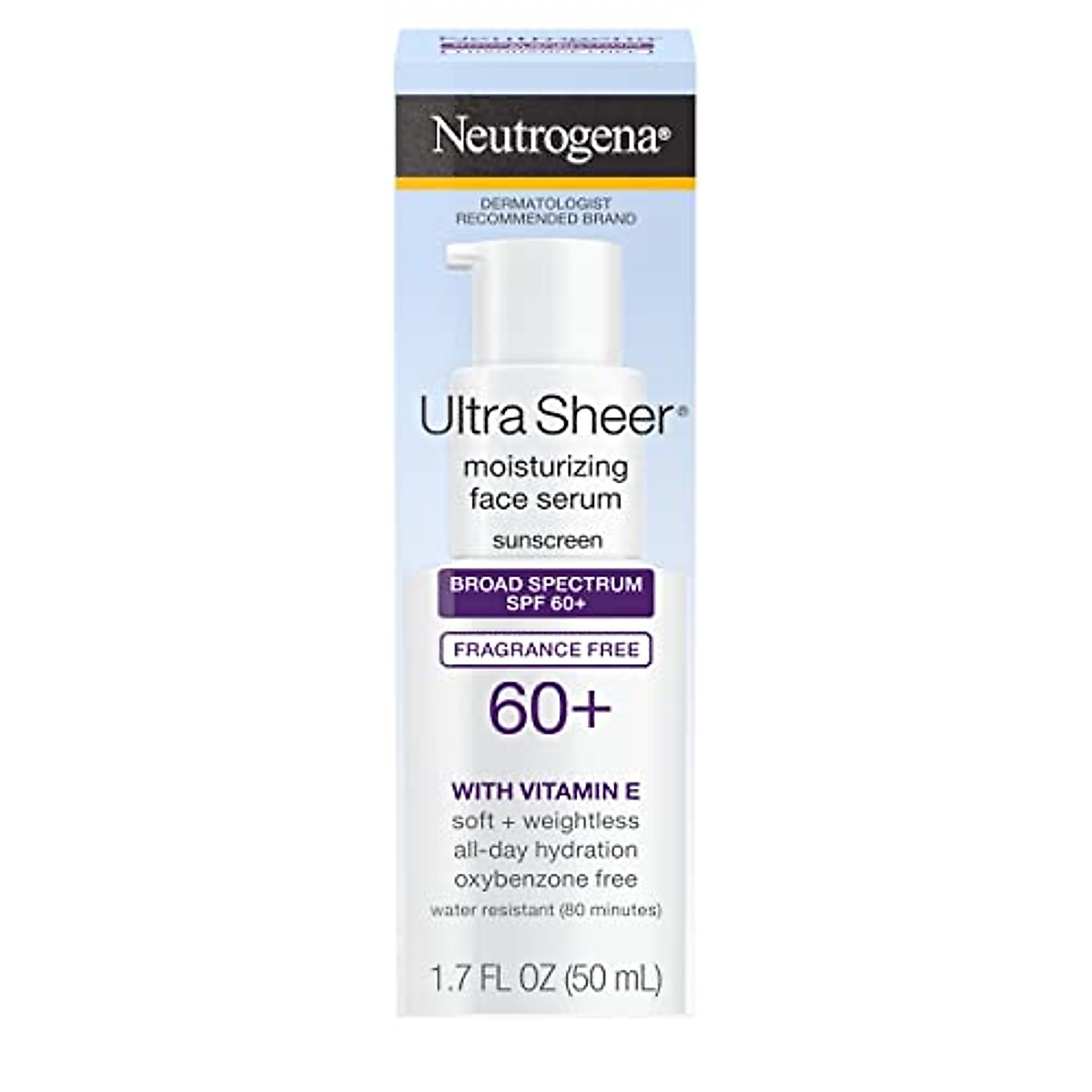Neutrogena Ultra Sheer Moisturizing Face Serum with Vitamin E & SPF 60+, All Day Facial Sunscreen Serum with Broad Spectrum UVA/UVB Protection, Fragrance-Free, Oxybenzone-Free, 1.7 oz