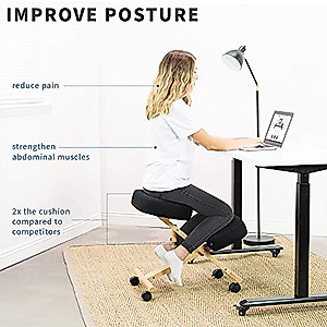VIVO Wooden Kneeling Chair with Wheels, Adjustable Ergonomic Stool for Home and Office, Mobile Angled Posture Seat, Light Wood Frame & Black Cushions, CHAIR-K03D