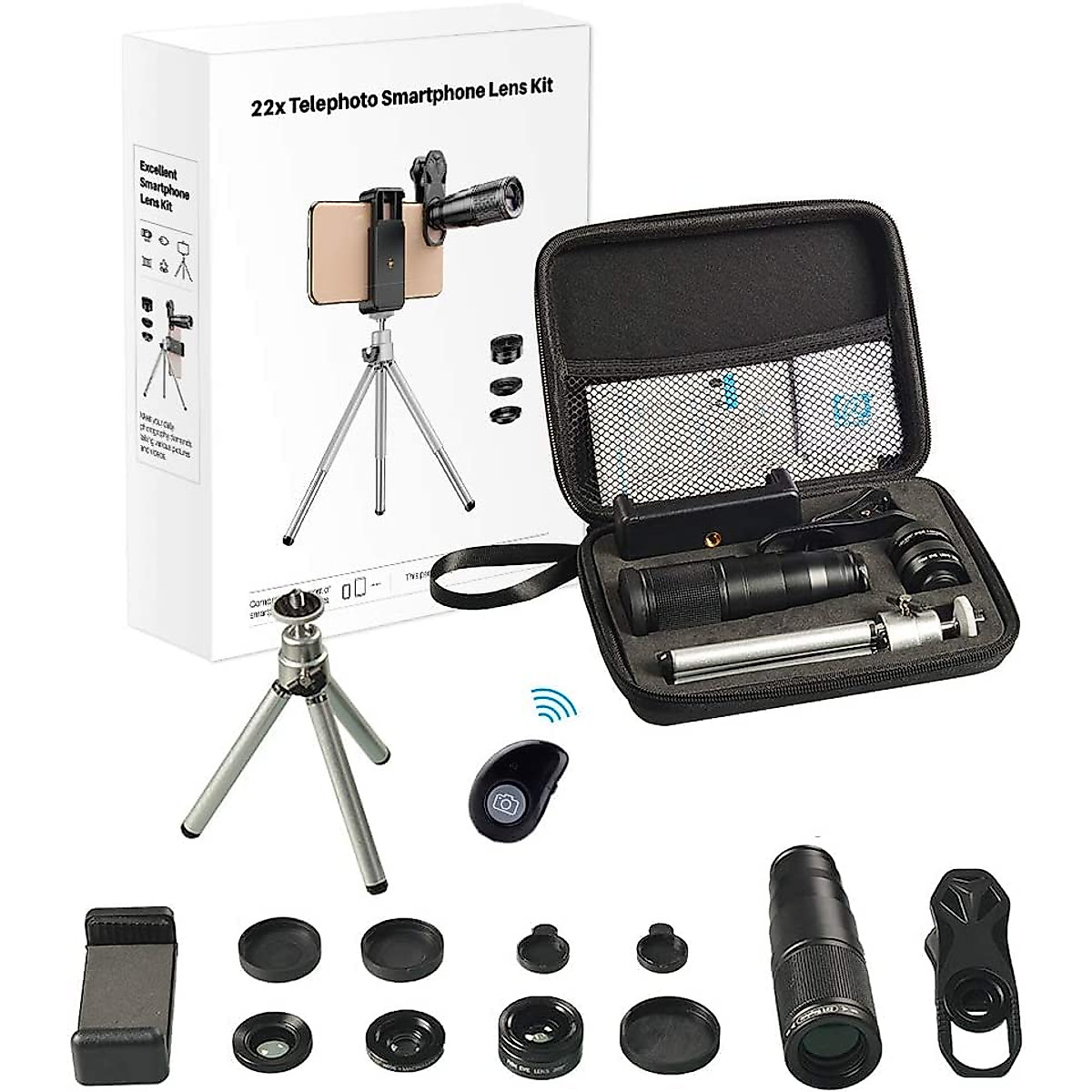 APEXEL 6 in 1 Phone Lens Kit - 22X Telephoto Lens, 205° Fisheye Lens, 120° Wide Angle Lens & 25X Macro Lens(Screwed Together), Compatible with iPhone 11 8 7 6 6s Plus X Xs/Max XR Samsung