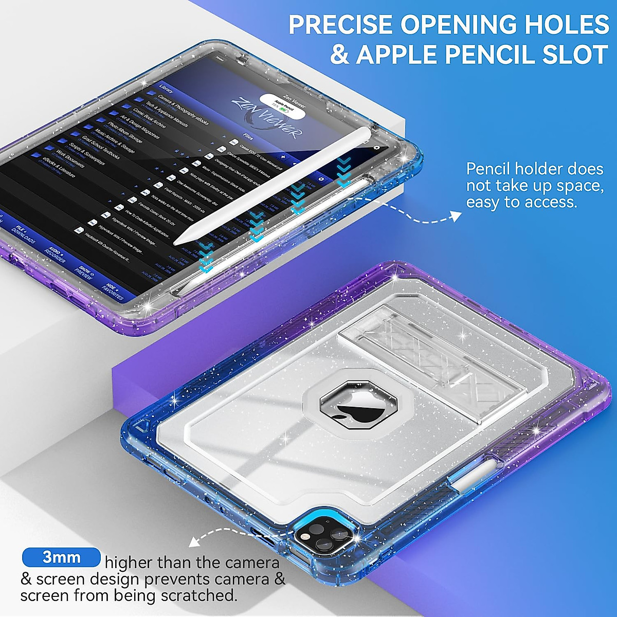 ZoneFoker for iPad Pro 12.9 Case 6th/5th/4th/3rd Generation 2022/2021/2020/2018, 12.9 Inch iPad Pro Case Cover with Pencil Holder, Sturdy Lightweight with Kickstand for Kids Girls, Blue Purple