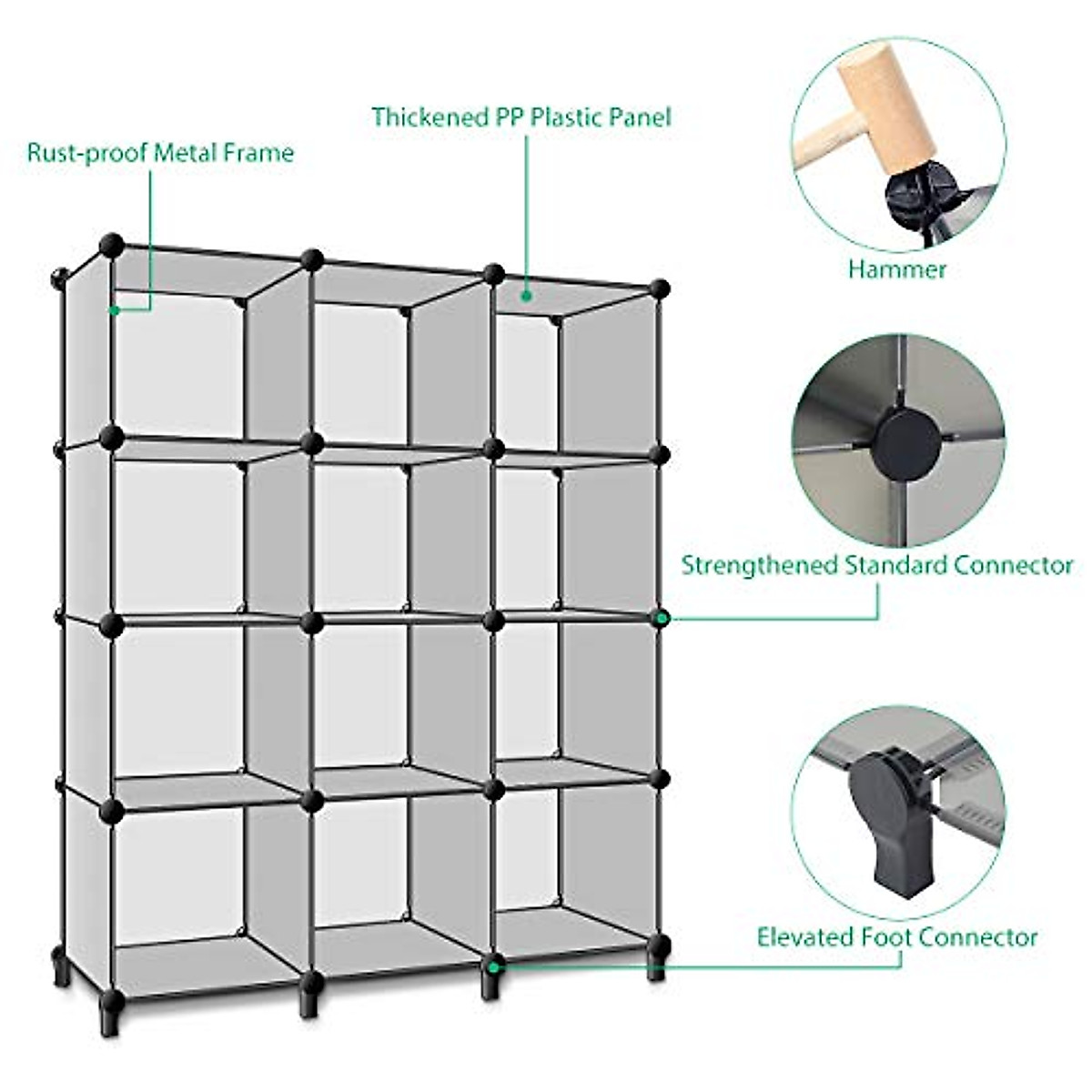 TomCare Cube Storage Organizer 12-Cube Closet Storage Shelves Cube Organizer Cube Shelf Storage Cubes Plastic Bookshelf Bookcase DIY Square Closet Cabinet Organizers Shelves for Bedroom Office, Grey