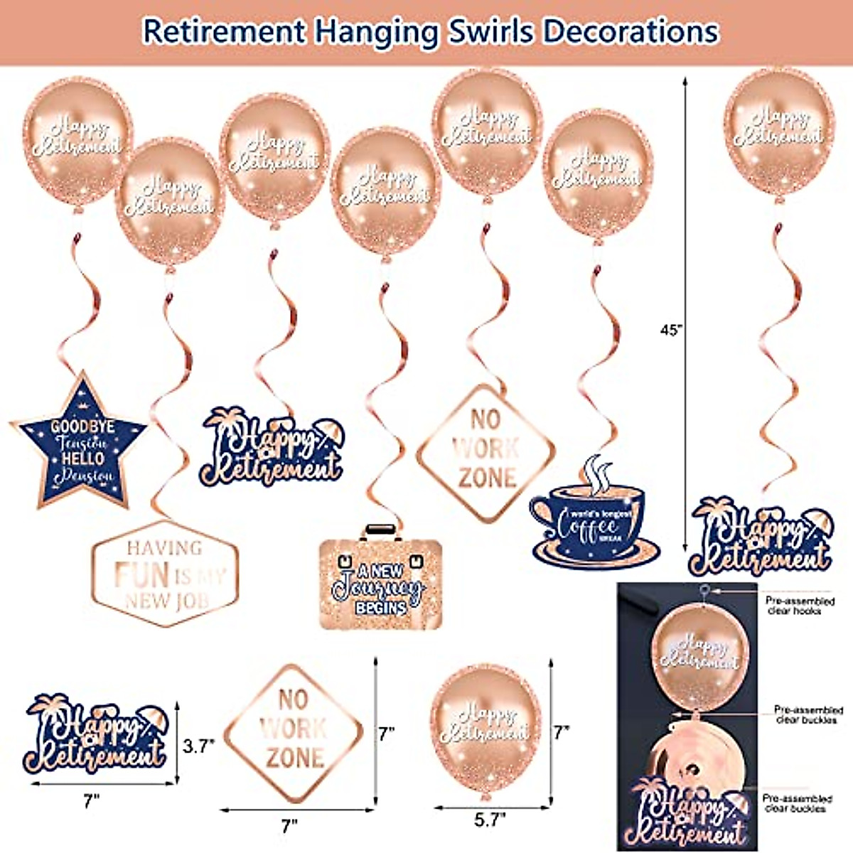 YSHMFEUX Retirement Party Decorations for Women, Navy Blue Rose Gold Retirement Party Supplies, Happy Retirement Banner, Retirement Party Centerpiece, Retirement Hanging Swirls Decorations for Women