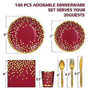 140 Pcs Burgundy & Gold Party Supplies - Gold Dot Disposable Dinnerware - Paper Plates, Napkins, Cups, Plastic Forks, Knives, Spoons for Christmas, Wedding, Graduation Decoration