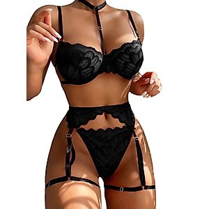 Lilosy Petite Sexy Choker Floral Lace Scallop Sheer Underwire Push Up Garter Belt Lingerie Set for Women See Through Bra and Panty 3 Piece Black X-Small