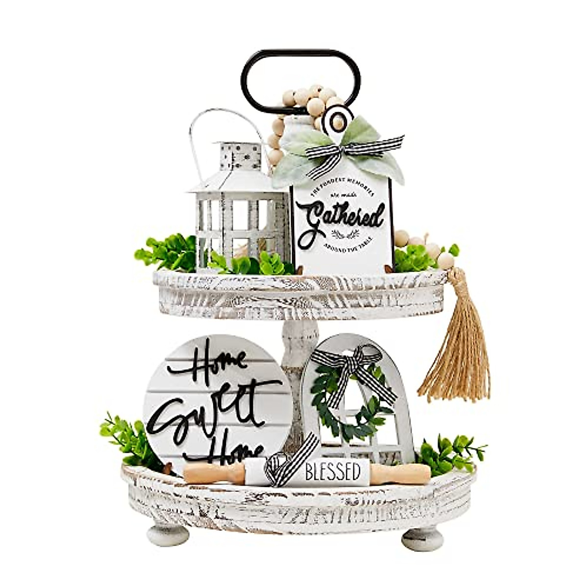 Houmury Set of 16 Farmhouse Tiered Tray Decor with 1 Lantern Artificial Plant& Cutting Board Sign for Rustic Home Sweet Home Kitchen Decor Tier Tray Decor Set