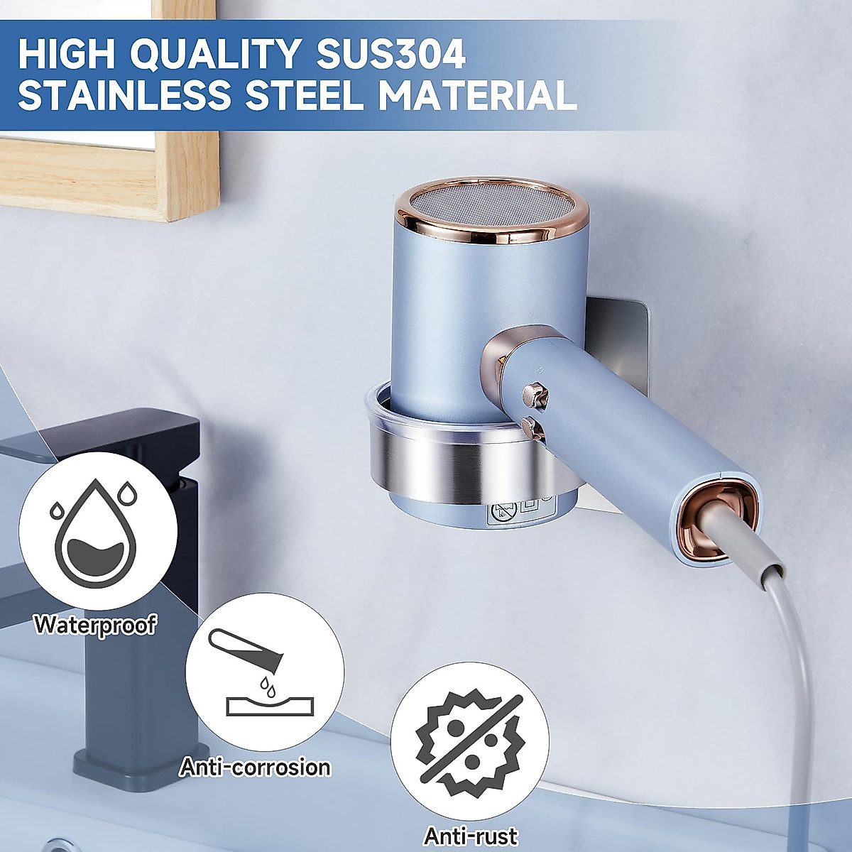 Oukimly Hair Dryer Holder Wall Mounted, Blow Dryer Holder, Stainless Steel Hair Tool Organizer, Adhesive Hairdryer Holder for Bathroom Barber Shops, Hair Dryer Storage, No Drilling