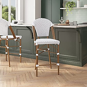 Flash Furniture Lourdes Commercial Grade Bistro Counter Height Stool, Stackable Indoor/Outdoor Dining Stool, 26" High, White/Gray and Bamboo Finish, Set of 2