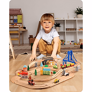 SainSmart Jr. Wooden Train Set 60pcs for Toddlers, Wood Highway and Train Track with More Cars Fits Brio, Thomas, Melissa and Doug for 3 4 5 Years Old Boys and Girls