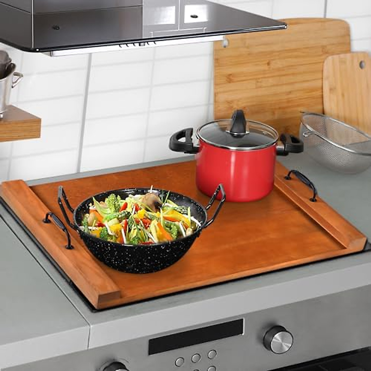 Calmbee Noodle Board Stove Cover, Premium Pine Wood Stove Top Covers for Electric Stove, 30" x 22" Wooden Gas Stove Cover Stovetop Cover - Used as Serving Tray or Sink Cover for More Usable Space