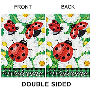 Balgardekor Welcome Ladybug Garden Flag Vertical Double Sided Black Sunflower Bee Green Buffalo Plaid Burlap Summer Yard Outdoor Decor Home Decor (12.5 x 18, Green Welcome Ladybug)