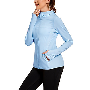 COOrun Women's UPF 50+ Sun Protection Hoodie Jacket Lightweight Full Zip Running Jacket Athletic Jacket with Thumb Holes Deep Sky Blue XL