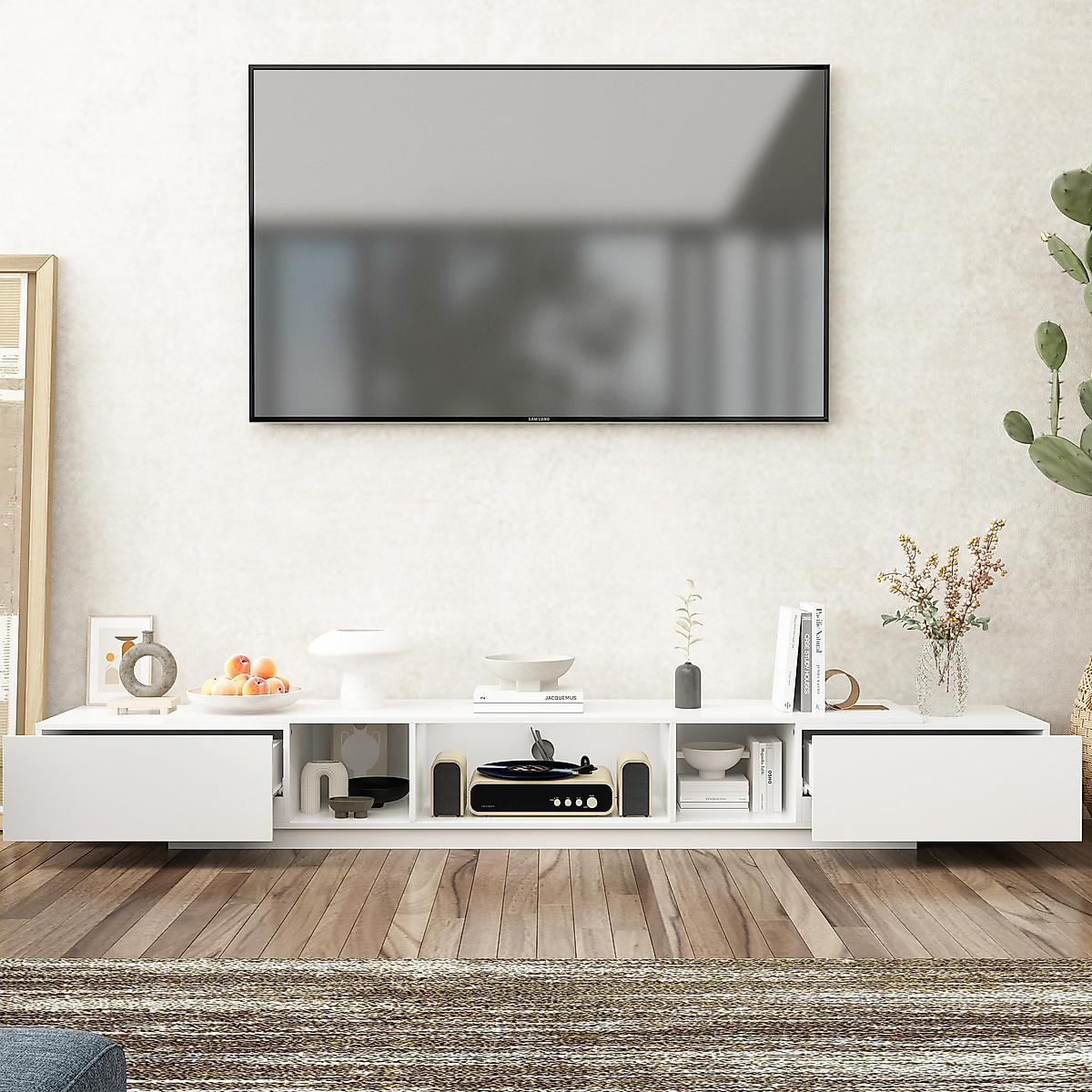 AIEGLE Modern TV Stand for 100+ Inch TVs, 94.5" W Entertainment Center with 2 Drawers & Shelves, Large Media Console Table TV Cabinet with Storage, White