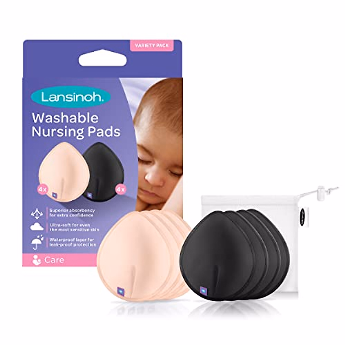 Lansinoh Reusable Nursing Pads for Breastfeeding Mothers, 8 Washable Pads, Pink and Black, Includes Mesh Wash Bag