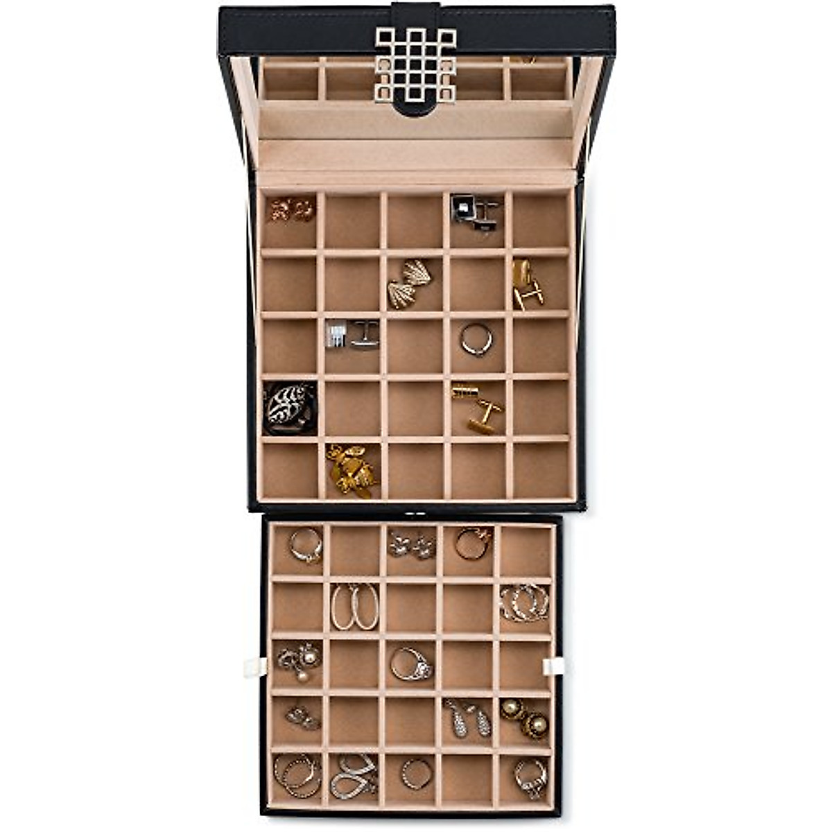 Glenor Co Classic 50 Slot Jewelry Box Earring Organizer with Large Mirror, Black