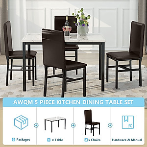 AWQM 5 Pieces Dining Table Set, Kitchen Table Set with Faux Marble Top Table and 4 Faux Leather Upholstered Chairs for Kitchen, Breakfast Nook, Dining Room, Black