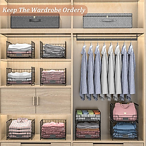 4 Pack Sliding Closet Organizers and Storage, Stackable Closet Storage Shelves, Pull Out Clothes Storage Organizer Baskets/Containers/Drawers with Dividers for Wardrobe (Black-Sturdy Wire Metal Frame)