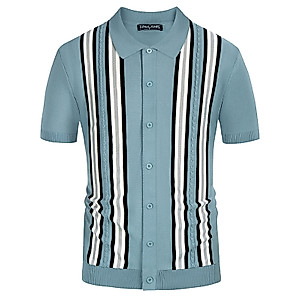 PJ PAUL JONES Knit Polo Shirt Mens Retro 70s Stripes Lapel Collared Knitted Shirts Blue Button Down Italian Knitwear for Summer Golf Bowling XL