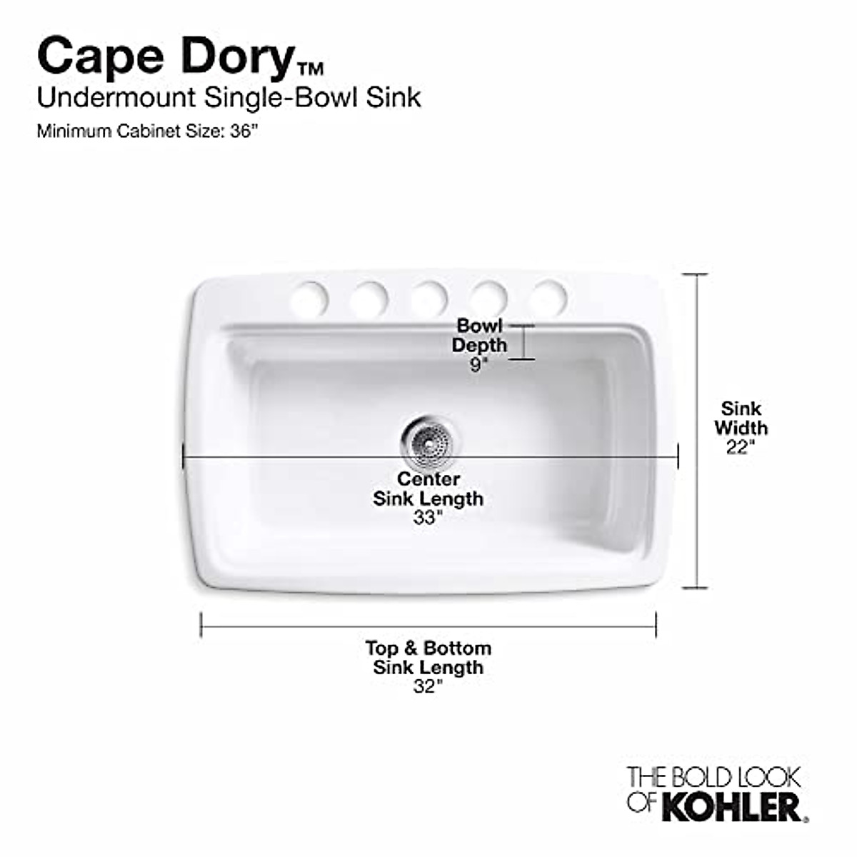 Kohler K-5864-5U-0 Cape Dory Undercounter Kitchen Sink, White, 2.375