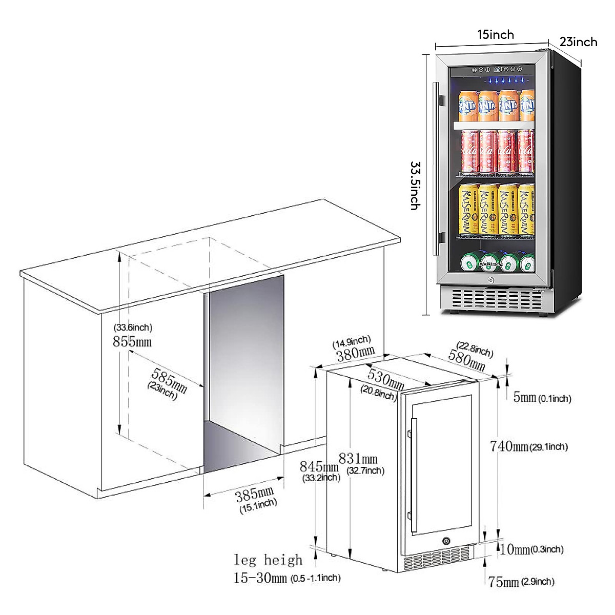 BODEGA Beverage Refrigerator Cooler,15 inch drink fridge under counter,100 cans mini Fridge with Glass Door for Soda Beer,Wine,Beverage Cooler for Home,Kitchen, Bar or Office.