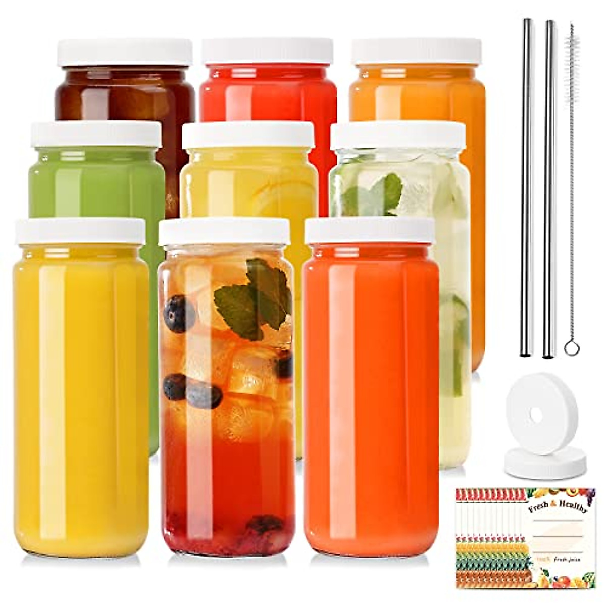 Moretoes 9 Pack 16oz Glass Juice Bottles with Lids Reusable Glass Beverages Drinking Jars with Tamper-proof White Caps for Travel Milk Water Tea Honey Kombucha Smoothie Boba