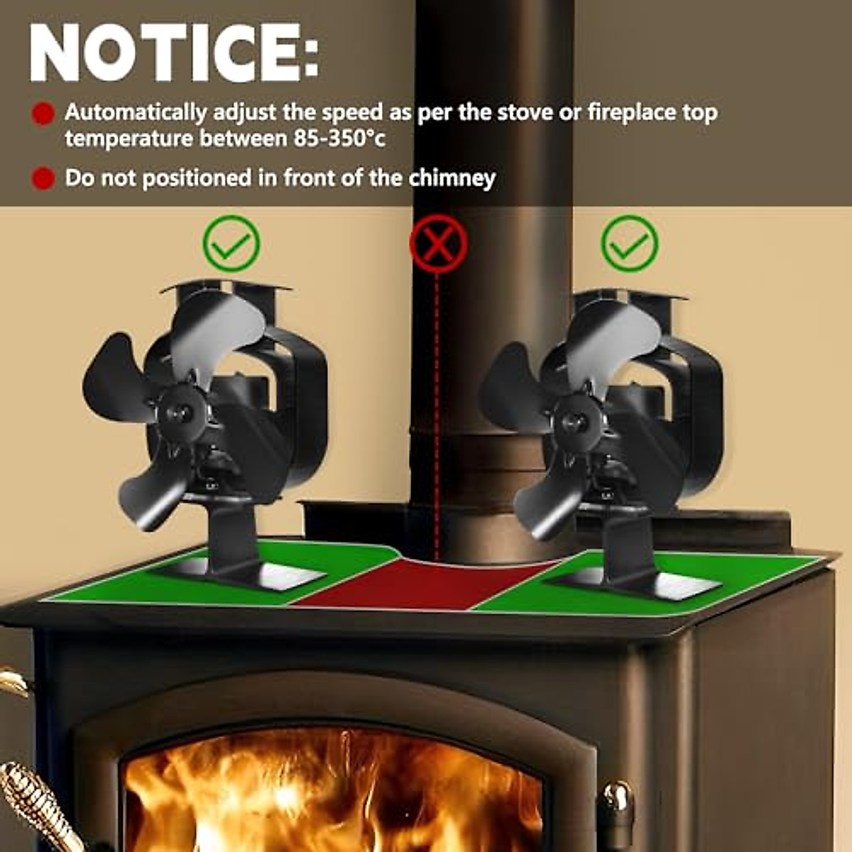 KIAADSY Wood Stove Fan, 4Blades Fireplace Fan Heat Powered for Wood/Fireplace/Log Burner, Efficiently Circulate Warm Air, Silent Design Stove Fan