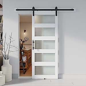 ALAMEDADT 34'' x 84'' Glass Barn Door and 6 Ft Hardware Kit Included, MDF White Barn Door Slab with Frosted Glass, PVC Surface, Combined with Handle and Floor Guide-Assembly Required, White