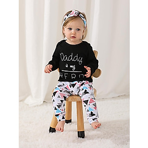 Baby Girls 3Pcs Outfit Set Letters Daddy is My Hero T-Shirt Tops Geometric Pants with Headband (3-6 Months)