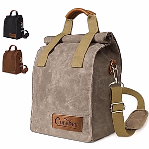 Corebes Insulated Lunch Bag for Men/Women, 11L Waxed Canvas Lunch Box with Adjustable Shoulder Strap & Double Hook-and-Loop Handles for Work Picnic Hiking