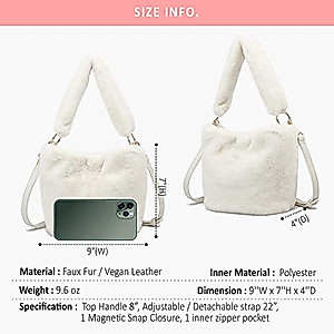 Like Dreams Women's Furry Soft Faux Fur Hobo Top Handle Crossbody Bag Vegan Leather Strap Bucket Satchel Handbag (Ivory)