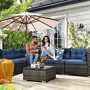 DWVO 7 Pieces Patio Furniture Set, All-Weather PE Rattan Outdoor Conversation Set, Wicker Outside Sectional Sofa Couch with Table and Cushions, for Pool Backyard Deck Garden (Navy)