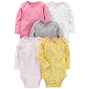 Simple Joys by Carter's Baby Girls' Long-Sleeve Bodysuit, Pack of 5, Grey/Pink Dots/White Animal Print/Yellow Owl/Cat, 6-9 Months