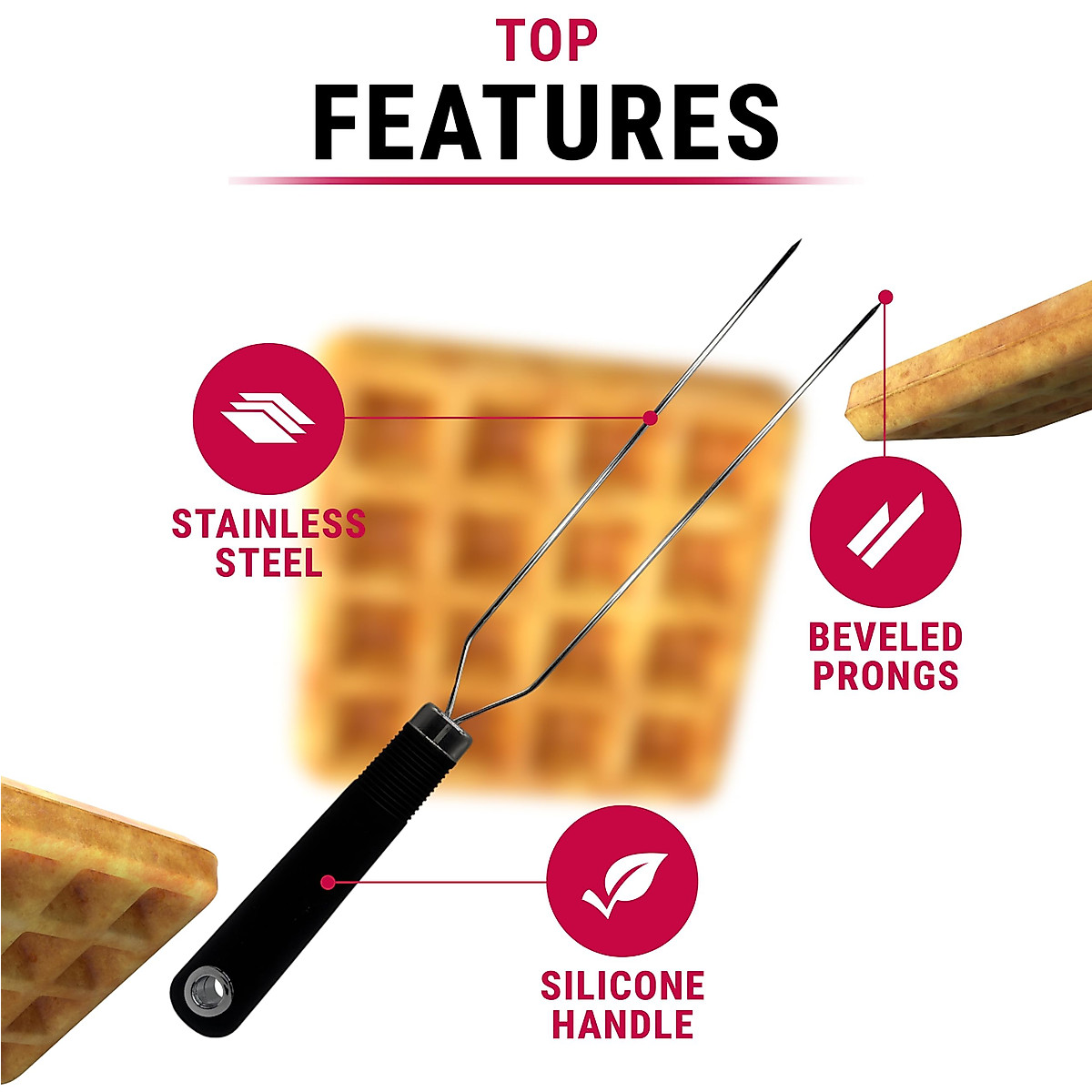 Captain Jax Waffle Fork for Belgian Waffles, Mulit-Use Stainless Steel Kitchen Tool with Silicone Handle, Beveled Prongs, Belgian Baking Accessory - One Size Black