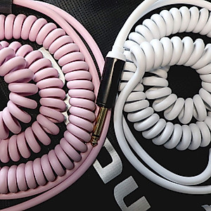 Coiled Guitar Cable Electric Instrument Cable 20 ft Curly Instrument Cable Coil Guitar Cable Stretchable Straight to Straight Dual Straight Plugs (White)