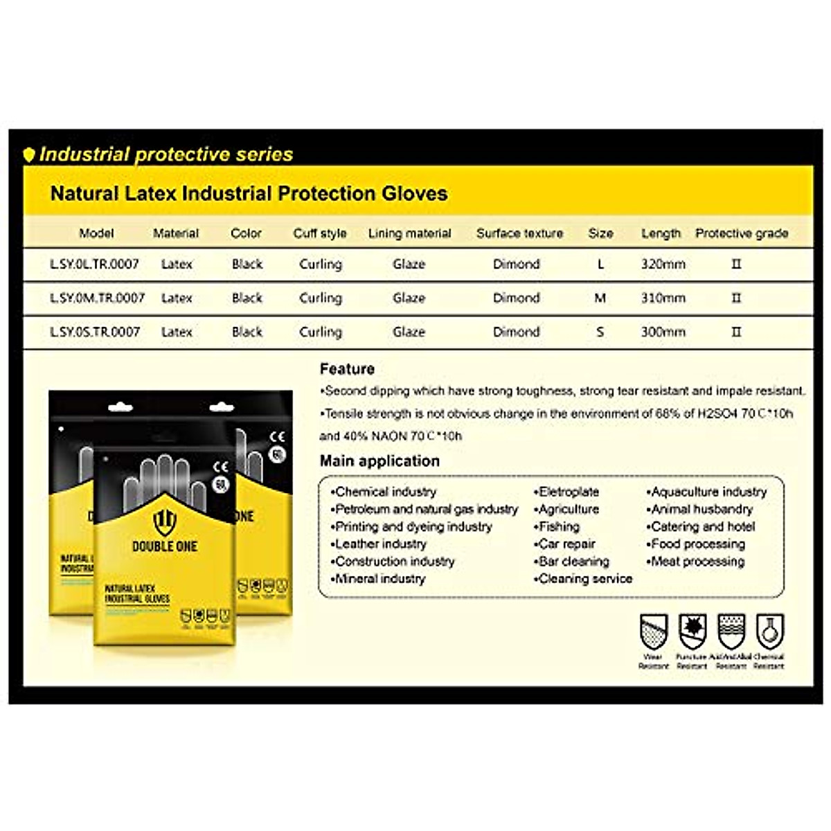 Chemical Resistant Gloves,Safety Work Cleaning Protective Heavy Duty Industrial Gloves,Natural Latex 12.2" Length Black 1 Pair Size M (Medium)