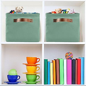 Sage Green Customized Storage Basket Collapsible Storage Bins Cubes Box Fabric Clothes Hamper Gift Baskets Toy Chest for Shelves Office Home Nursery Shoes with Leather Handles