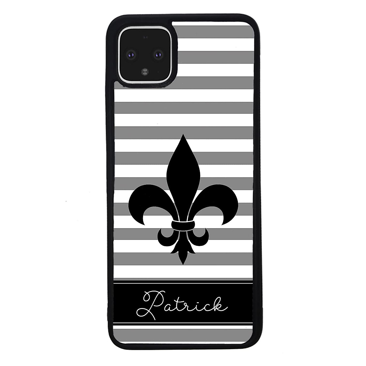 Fleur De Lis Black White Personalized Black Rubber Phone Case Compatible With Google Pixel 8 Pro, 8a, 8, 7a, 7, Pixel 7 Pro, 6a, Pixel 6 Pro, 6, 5, 4a 5G, 4a 4G, 4, 4 XL, 3a, 3a XL, 3, 3 XL, 2 XL