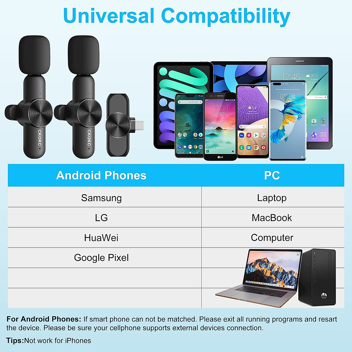 CKOKC Wireless Microphones for Android Phone & Computer/Laptop, Mini Professional Wireless Lavalier Microphone for Video Recording Podcast Cordless Lapel Mic with USB C