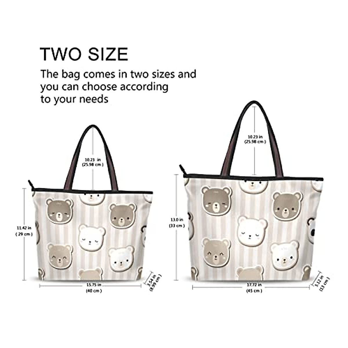 Cute Bear Heads Tote Bag Aesthetic, Large Capacity Zipper Women Grocery Bags Purse for Daily Life 2 Sizes