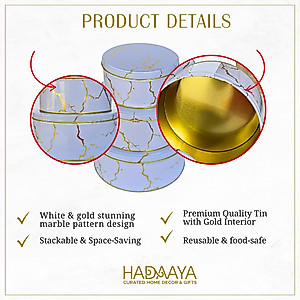 Pack of 3 Stackable Round Metal Tin Containers with Lids – Multipurpose Tins for Cookies, Candies, Kitchen Essentials & More | Thoughtful Gift for Women's / Mother's Day – Elegant White Gold Design