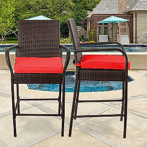HARBOURSIDE Patio Wicker Bar and Stool Chairs, Outdoor Counter Height Stools Set of 2, All-Weather Dinning Chair with Red Cushion for Garden, Yard, Poolside, Brown Wicker and Steel Frame