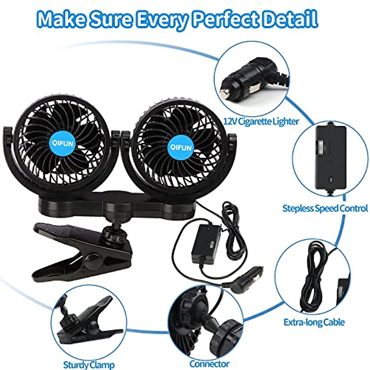 QIFUN 12V Adjustable Dual Head Clip Fan, 4 Inches Electric Car Clip Fans, 360° Rotatable Cooling Air Fan with Cigarette Lighter Plug for Vehicles, SUV, RV, Boat (Car Fan)