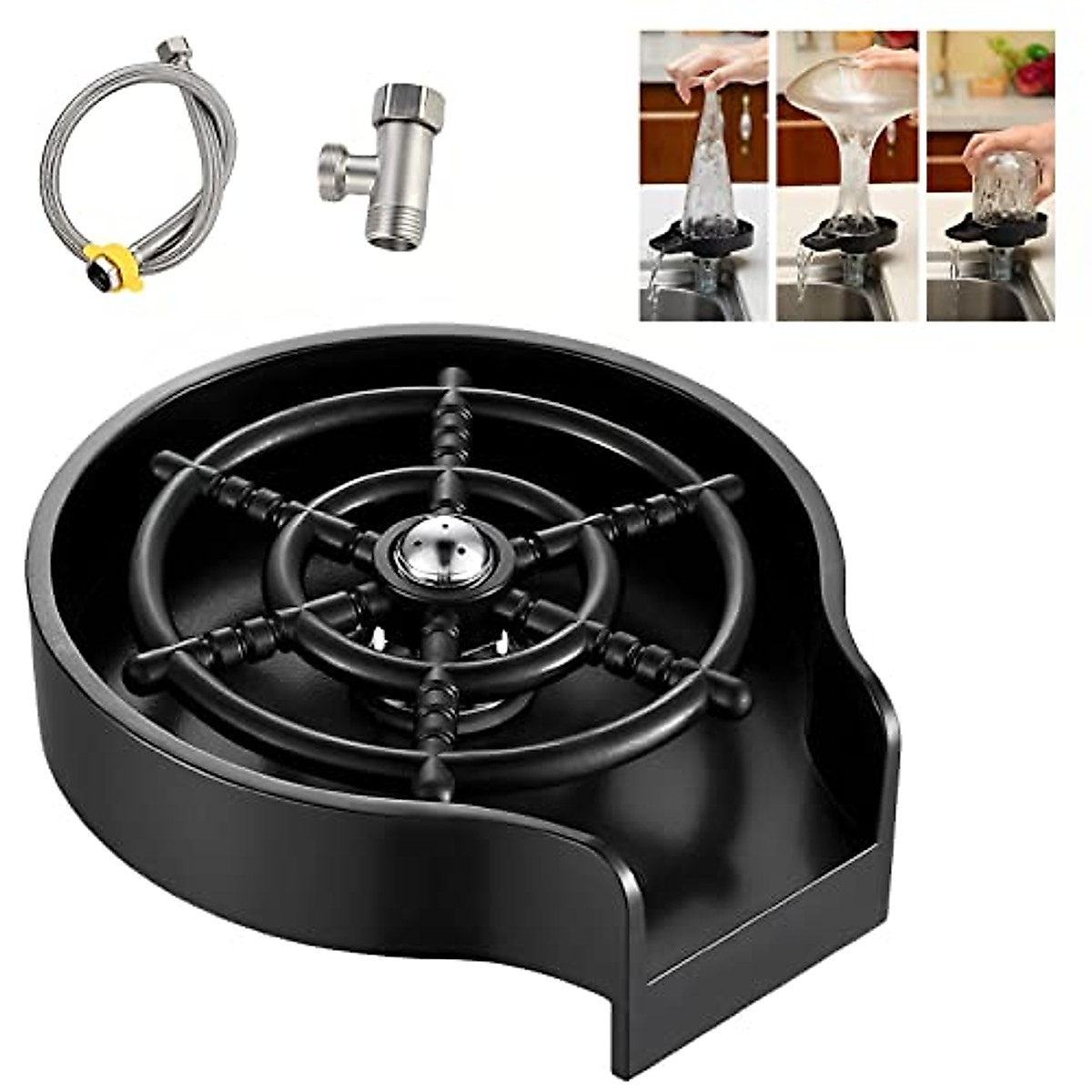 EME Cup Rinser for Sink, Stainless Steel, Bottle Cleaner Sink Attachment, Kitchen Sink Glass Rinser, Cup Washer, Automatic Glass Washer Rinser Tool, Black Glass Sink Kitchen, 5.1x5.4x3 (BM-JC01)