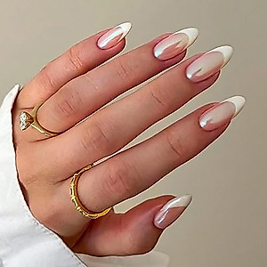 YOSOMK French Tip Press on Nails Almond Medium Fake Nails with Chrome Designs Glossy Nude False Nails Mirror Glue on Acrylic Nails for Women