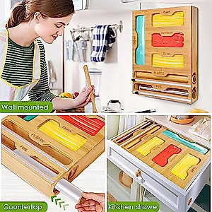 Ziplock Bag Organizer, Bag Storage Organizer for Kitchen Drawer, Plastic Wrap Dispenser with Cutter, 6 IN 1 Bamboo Foil and Plastic Wrap Organizer, Compatible with Gallon Quart Sandwich and Snack Bag