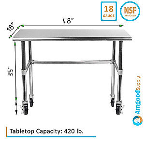 AmGood 18" X 48" Stainless Steel Work Table - with Open Base & Wheels | Food Prep | Utility Work Station | NSF Certified