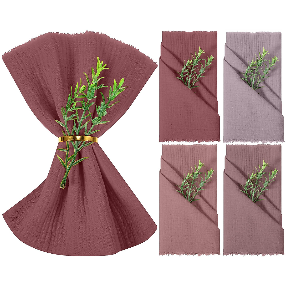 12 Pack Handmade Cloth Napkins with Fringe 100% Cotton Linen Napkins 16"x16" Rustic Cheesecloth Cloth Napkins for Wedding Party(Pink Series)