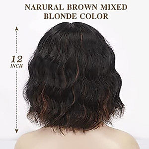 ENTRANCED STYLES Wavy Bob Wigs with Bangs for Women Black Mixed Brown Short Wavy Bob Curly Wig Synthetic Natural Looking Heat Resistant Fiber Wig