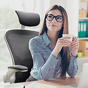 Leteuke Office Chair, Ergonomic Office Chair with Padded Lumbar Support and 90° Flip-up Armrests, High Back Mesh Home Office Chair, 125° Reclining Computer Desk Chair (White+Gray)
