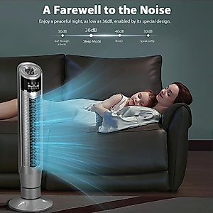 Antarctic Star Tower Fan 360°Oscillating Fan Quiet Cooling 24H Timer Remote Control Powerful Standing 8 Wind Speed 3 Wind Modes Ionizer Mode Bladeless Portable LED Display,Bedroom 40-Inch SILVER