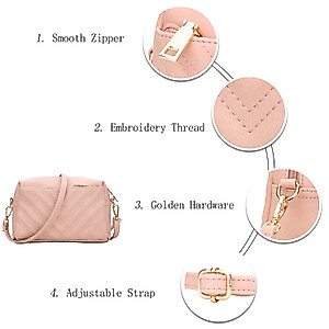 KKXIU Triple Zip Lightweight Small Crossbody Bags for Women Quilted Shoulder Purses and Handbags (Pink)